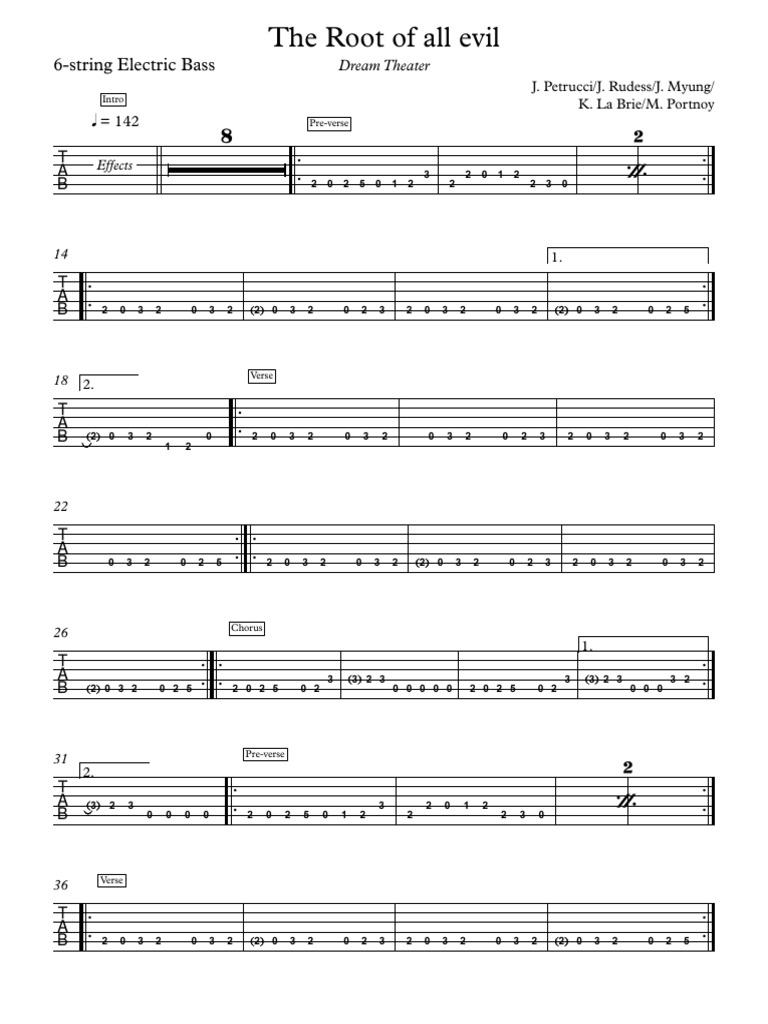 The Root of All Evil (Dream Theater) Electric Bass (Tab Only) | PDF ...
