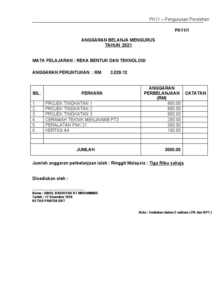 Anggaran Belanja Panitia RBT 2021 | PDF