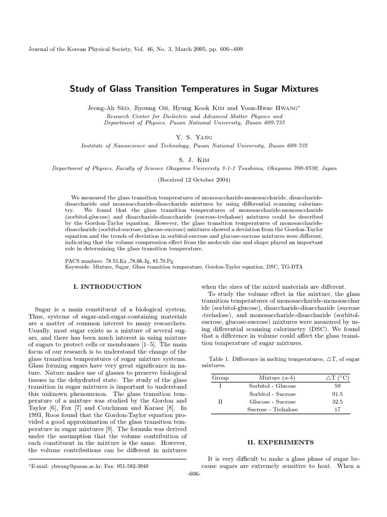 Study of Glass Transition Temperatures in Sugar Mixtures | PDF ...