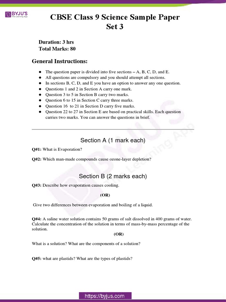 CBSE Class 9 Science Sample Paper Set 3: General Instructions | PDF ...