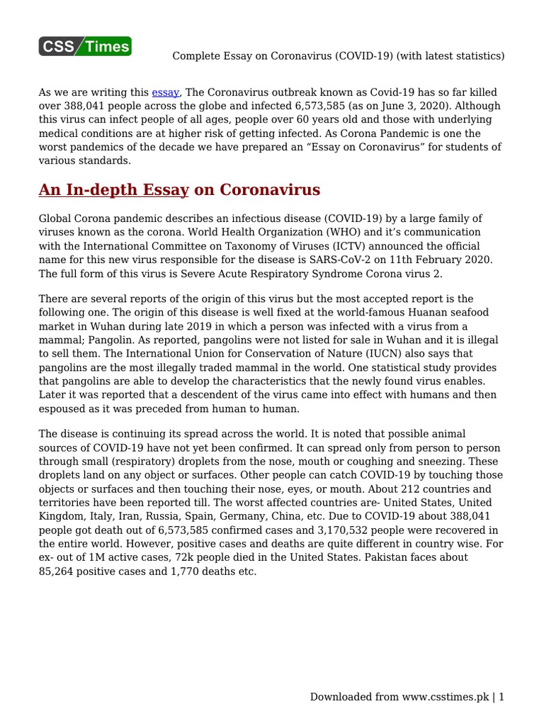 Complete Essay On Coronavirus (COVID-19) (With Latest Statistics) | PDF