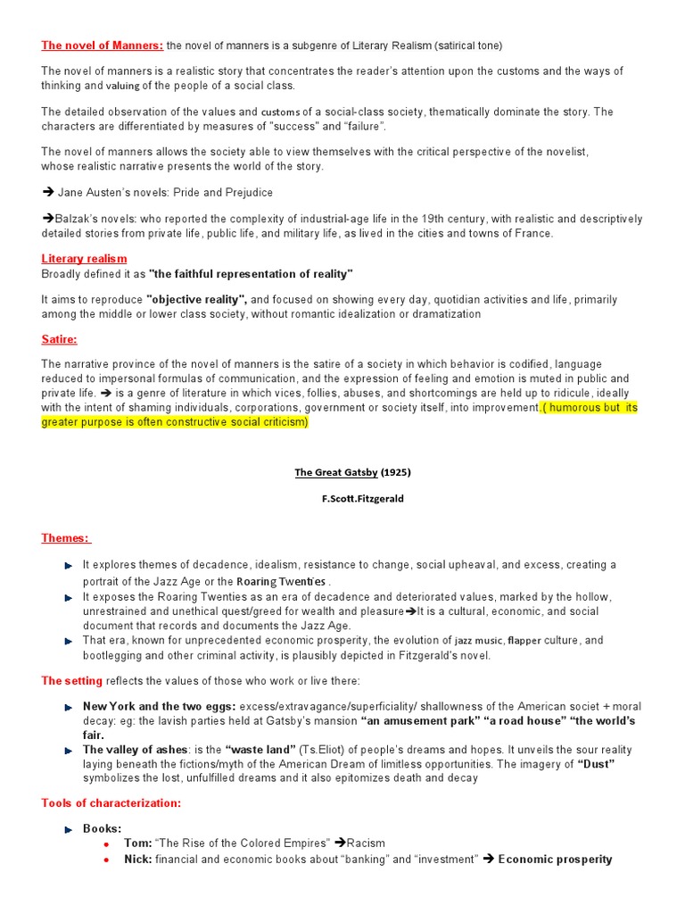 The Novel of Manners Is A Subgenre of Literary Realism (Satirical Tone ...