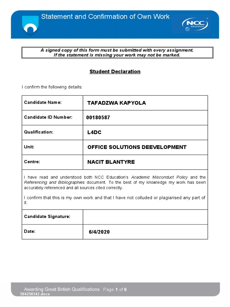 Statement and Confirmation of Own Work: Student Declaration | PDF