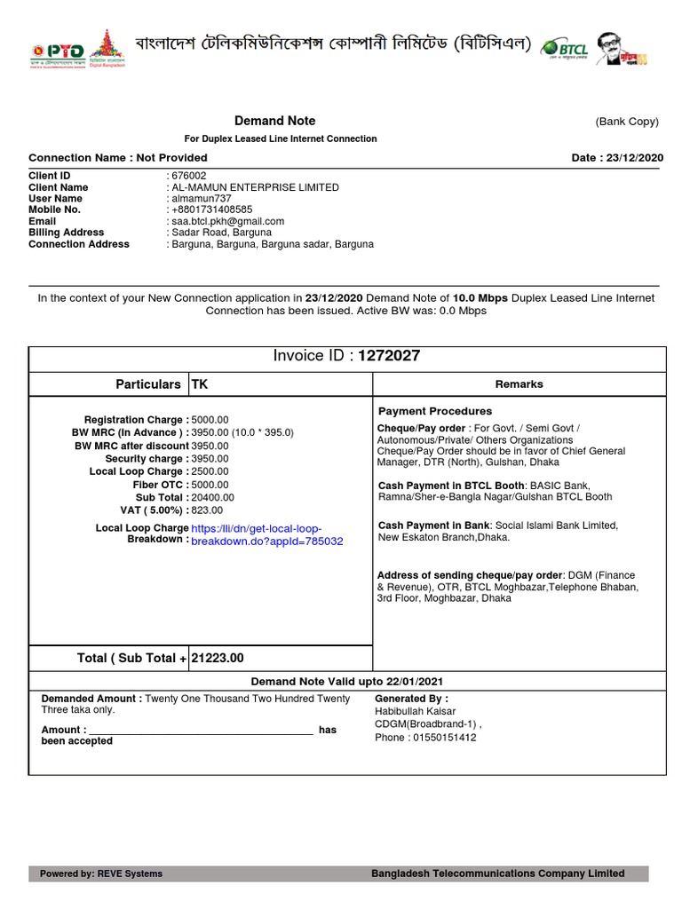 Invoice ID: 1272027: Demand Note | PDF | Cheque | Payments