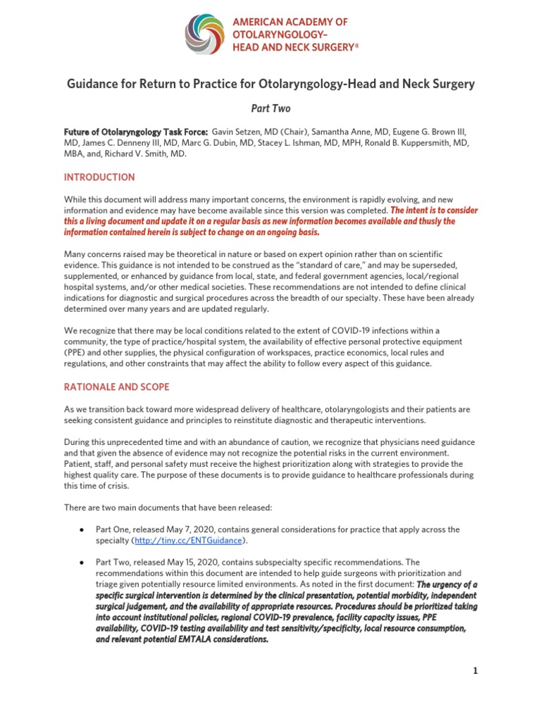 Guidance For Return To Practice For Otolaryngology-Head and Neck ...