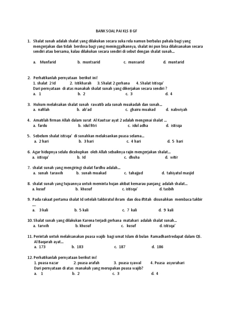 Bank Soal Pai KLS 8 GF | PDF