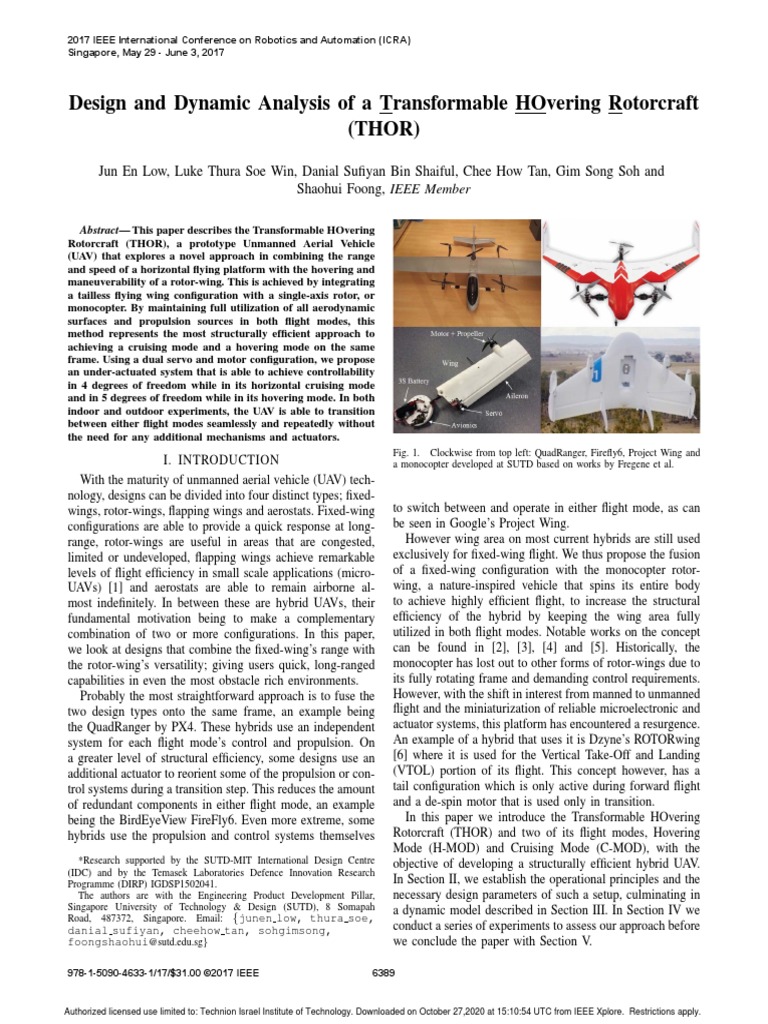 Design and Dynamic Analysis of A Transformable HOvering Rotorcraft | PDF | Rotation Around A ...