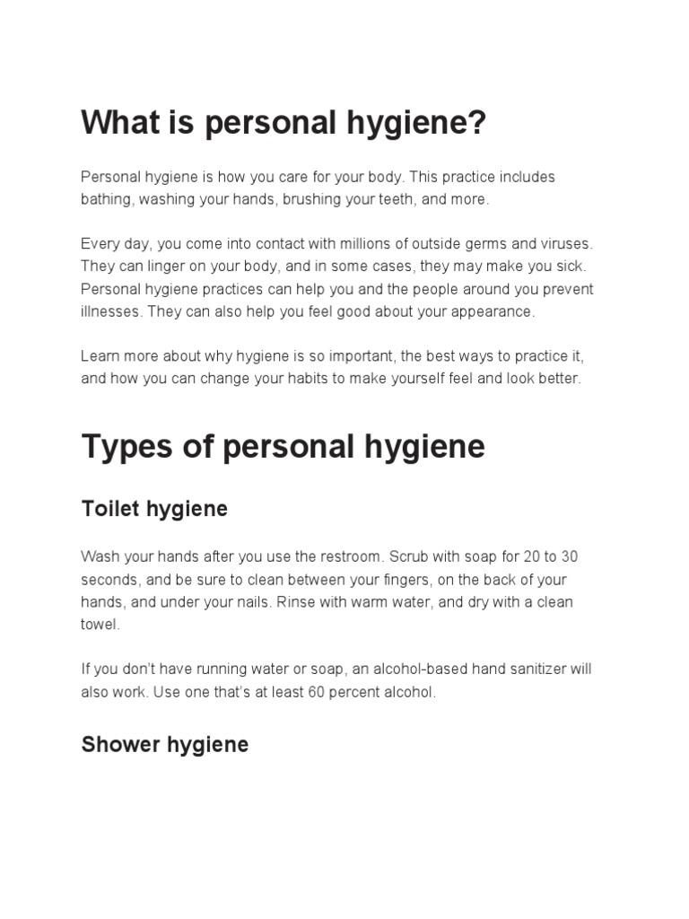 Types of Personal Hygiene | PDF | Hygiene | Hand Washing
