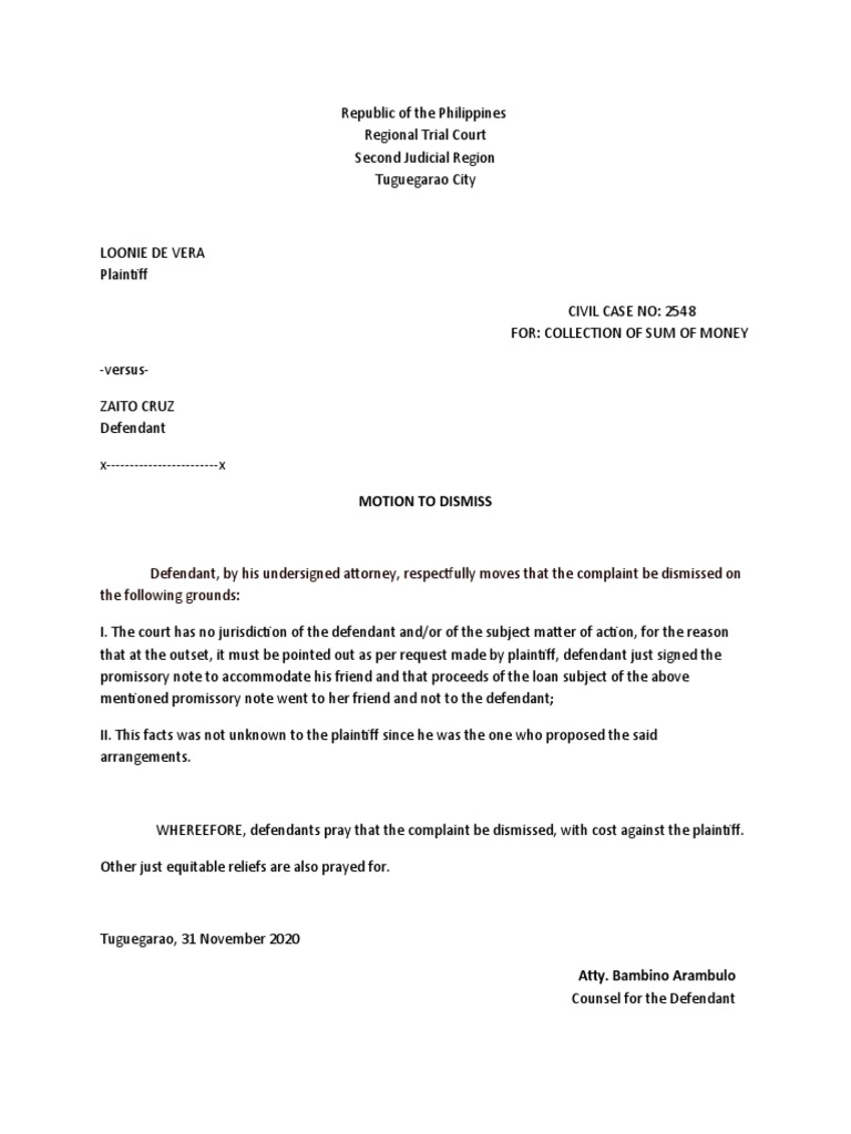 Motion To Dismiss Sample | PDF | Lawsuit | Complaint