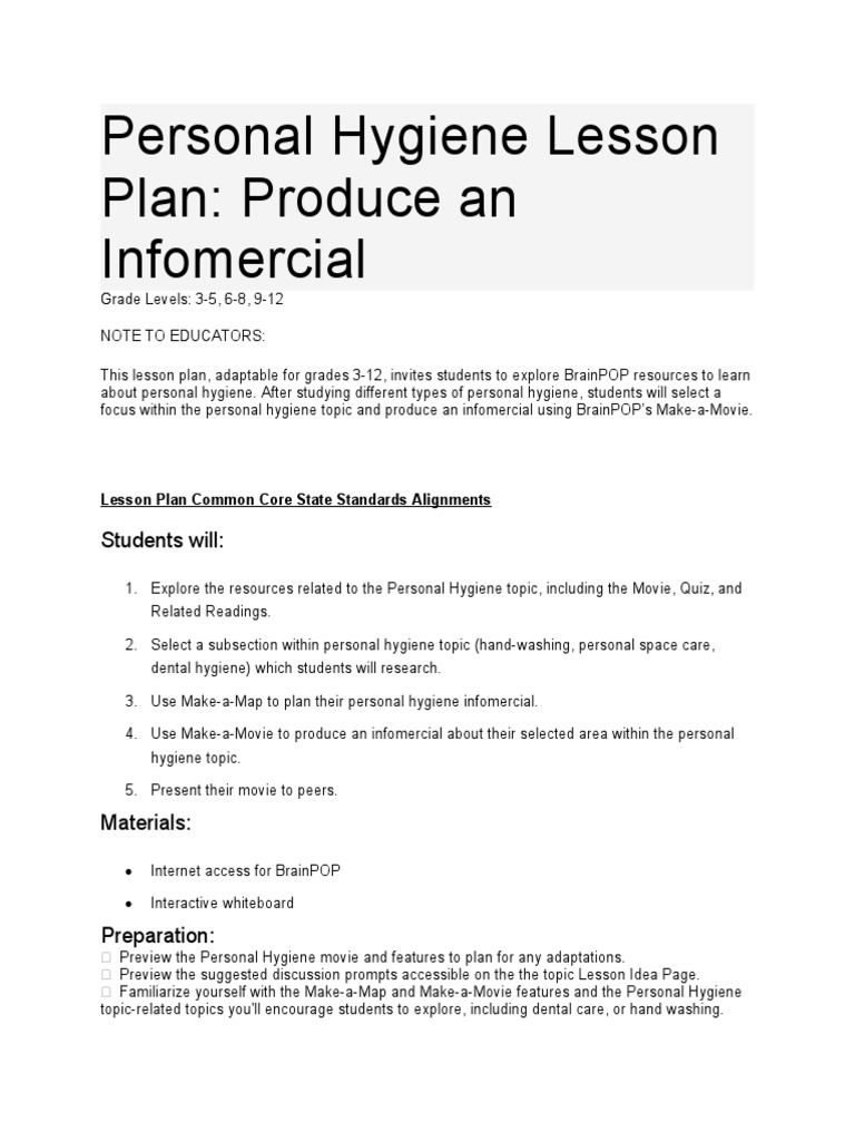 Personal Hygiene Lesson Plan | PDF | Hygiene | Teaching