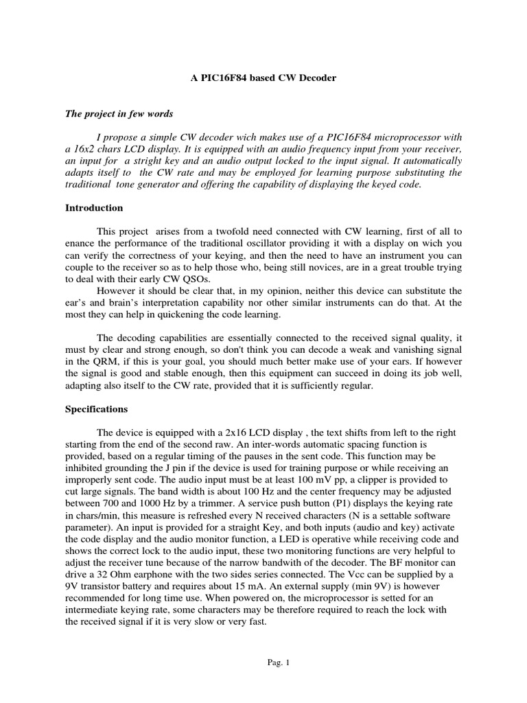 The Project in Few Words: A PIC16F84 Based CW Decoder | PDF | Computer Engineering | Electronics