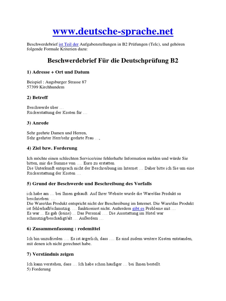 Beschwerdebrief B2 Deutsche Sprache Net | PDF