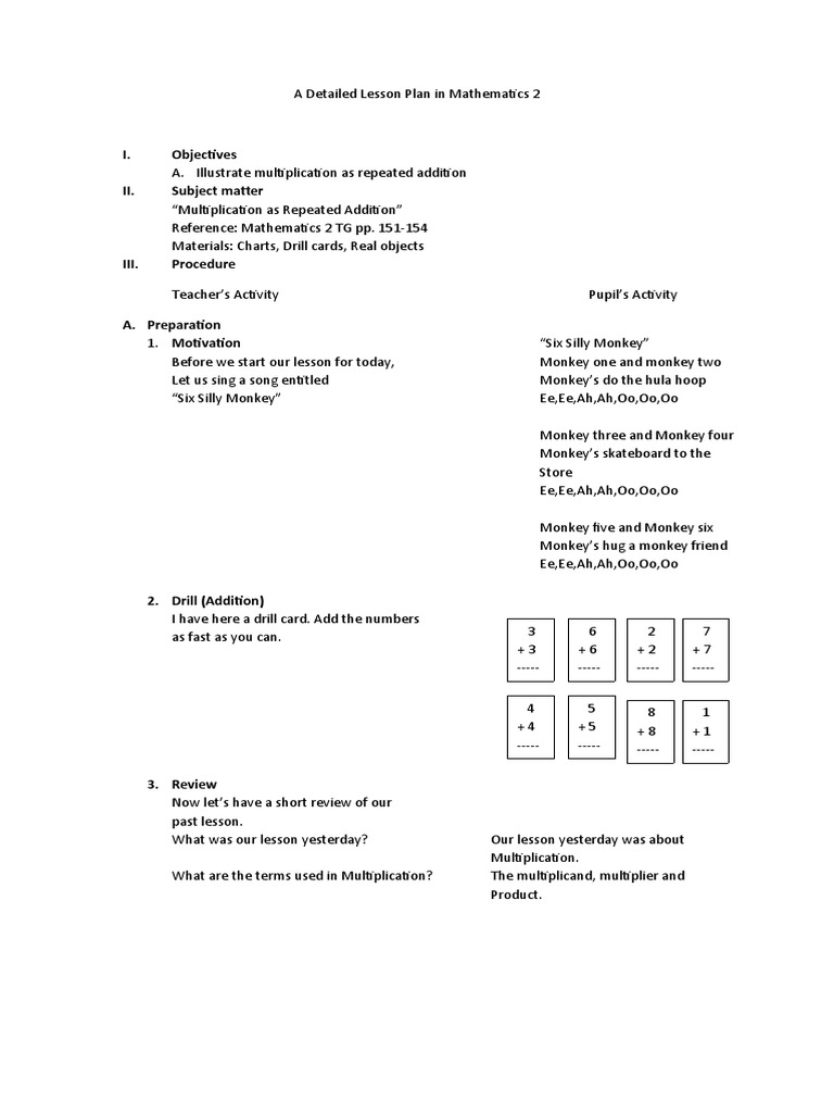 A Detailed Lesson Plan in Mathematics 2 | PDF | Multiplication ...