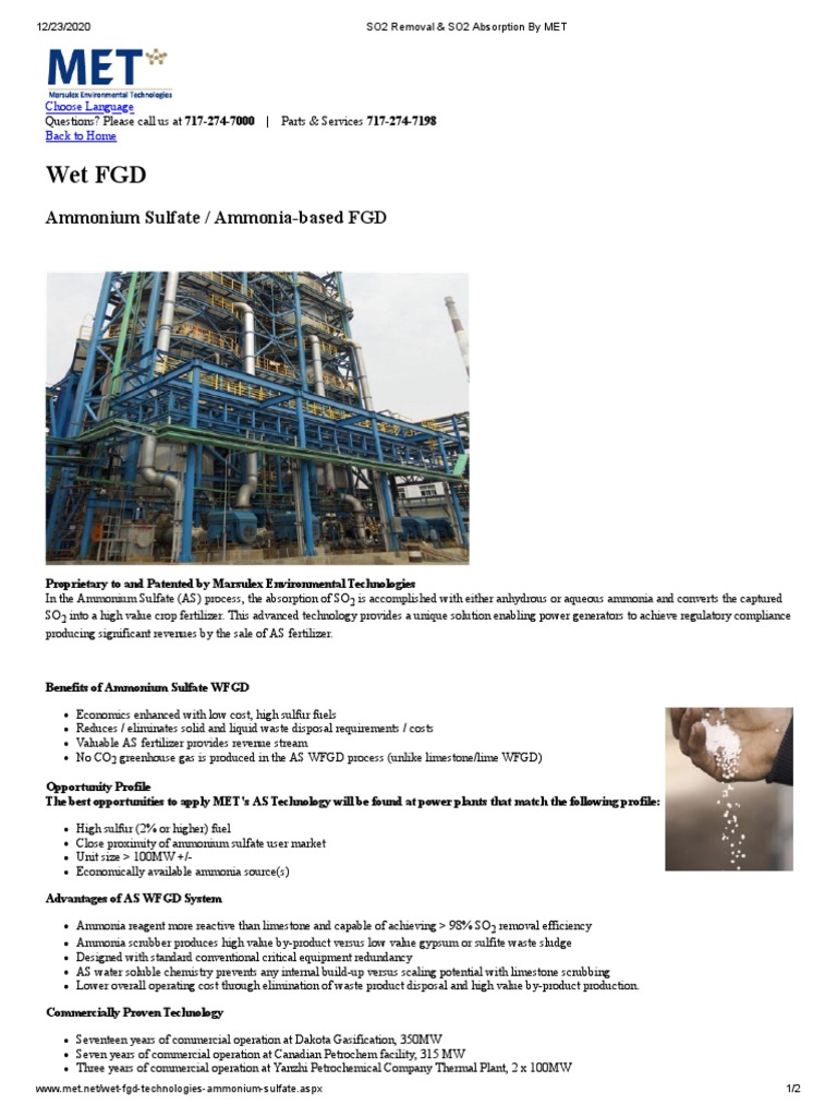 SO2 Removal & SO2 Absorption by MET | PDF | Sulfur Dioxide | Fertilizer