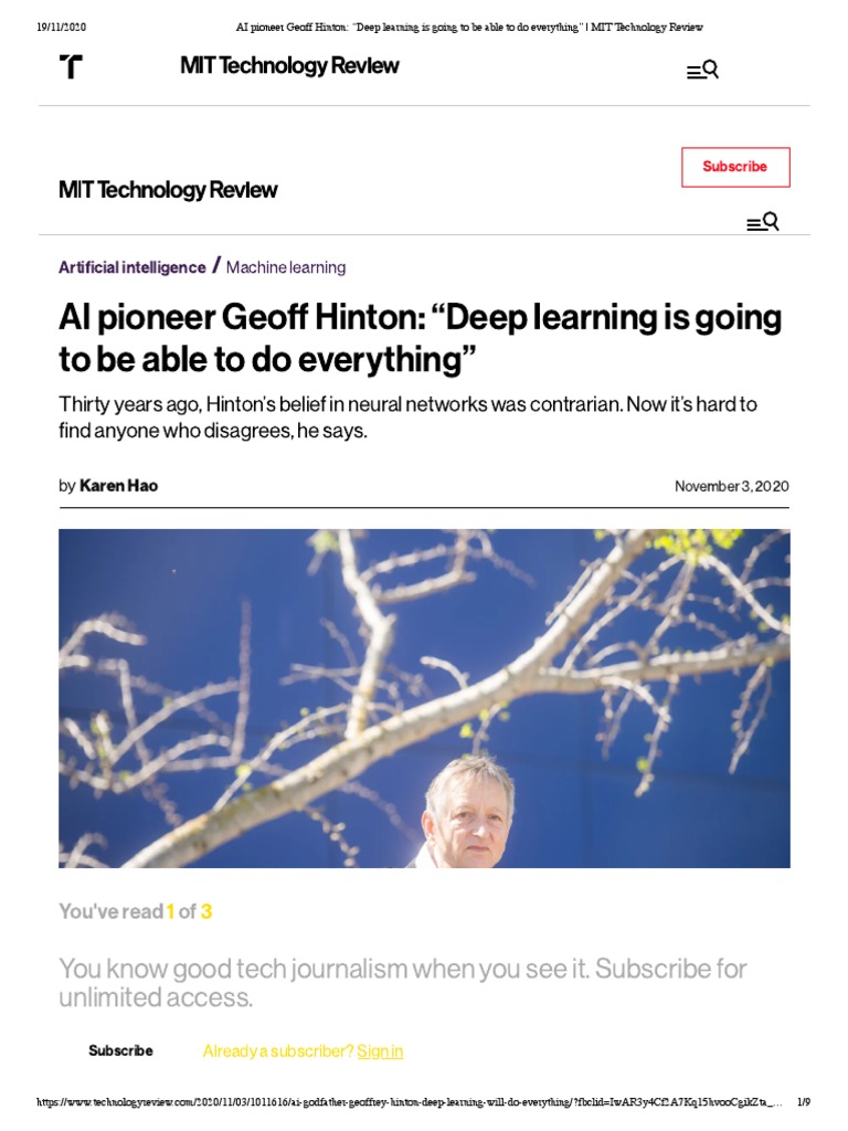 AI Pioneer Geoff Hinton - "Deep Learning Is Going To Be Able To Do Everything" - MIT Technology ...
