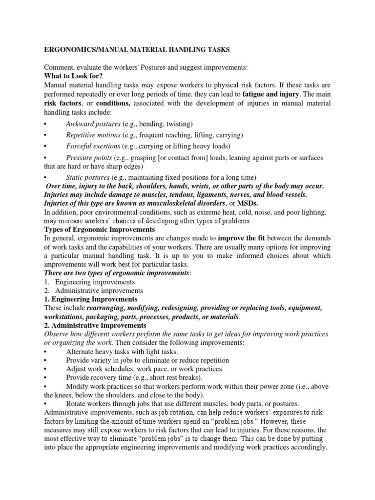 Ergonomics/: Manual Material Handling Tasks | PDF | Occupational Safety ...