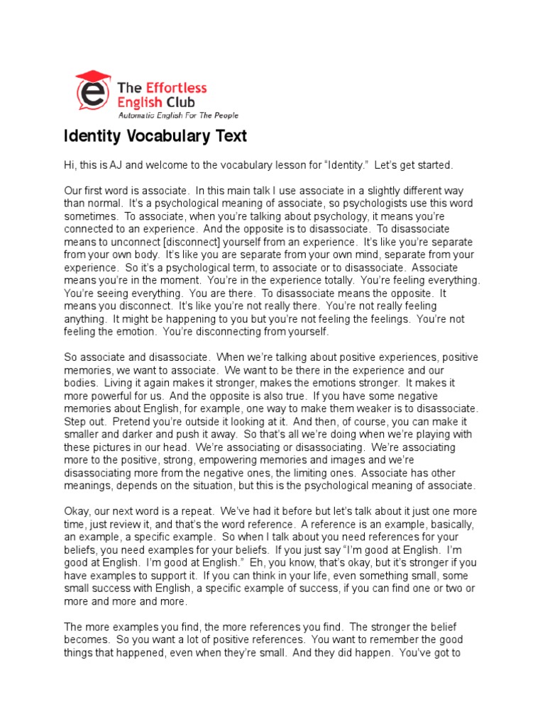 Identity Vocabulary Text PDF | PDF | Feeling | Psychological Concepts