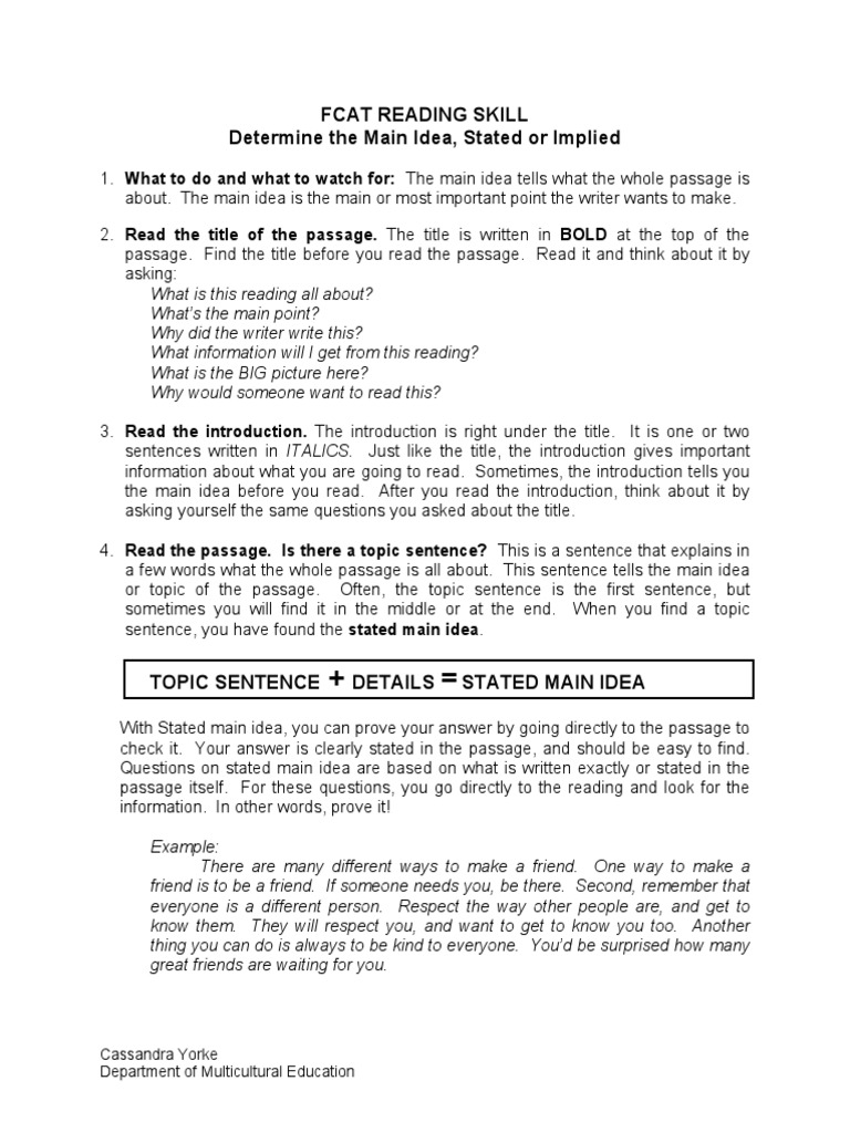 Fcat Reading Skill Determine The Main Idea, Stated or Implied | PDF