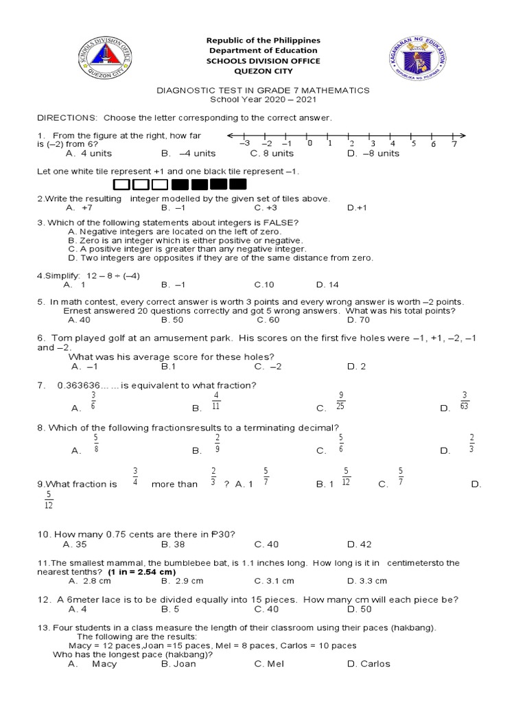Grade 7 Math Diagnostic Test 2020-2021 | PDF | Angle | Geometry