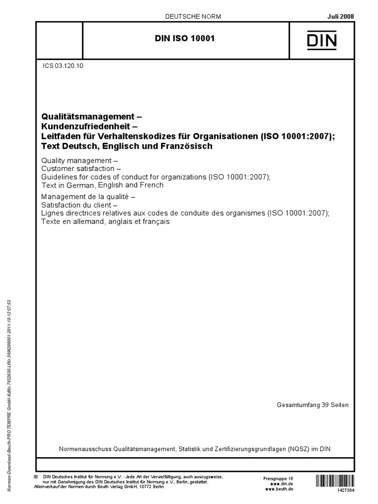 DIN ISO 10001: Text in German, English and French | PDF