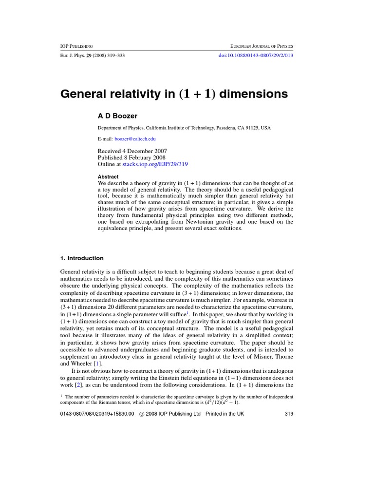 General Relativity in Dimensions: A D Boozer | PDF | General Relativity | Equations Of Motion