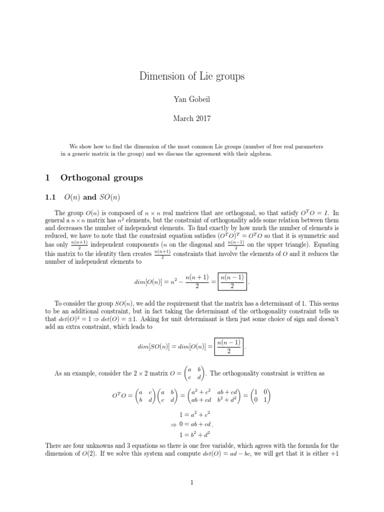 Dimension of Lie Groups | PDF | Determinant | Matrix (Mathematics)
