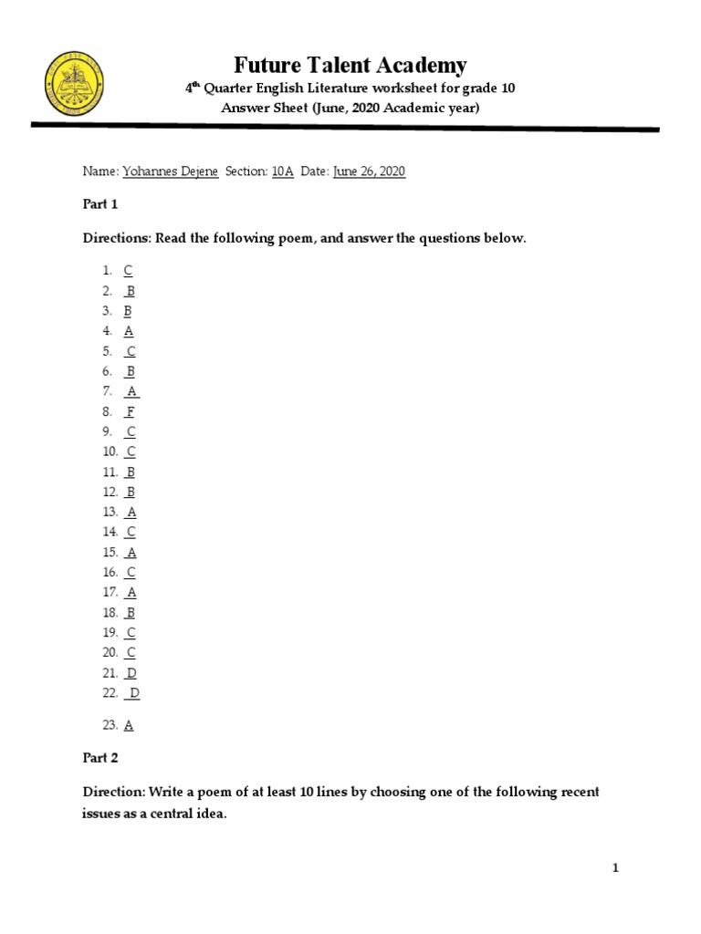 Literature Worksheet For Grade 10 (Answer Sheet) | PDF