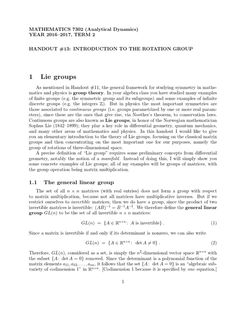 1 Lie Groups: 1.1 The General Linear Group | PDF | Group (Mathematics ...