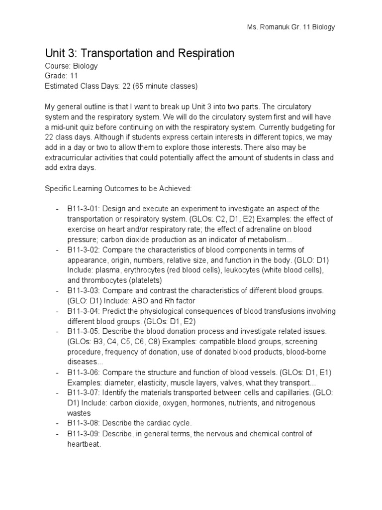 Unit 3 Plan - Grade 11 Biology - Transportation and Respiration - Michelle Romanuk - 7786294 ...