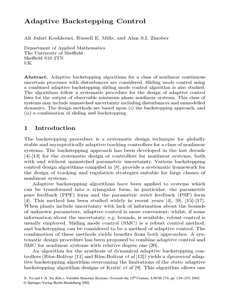 Adaptive Backstepping Control: Abstract. Adaptive Backsteppingalgorithms For A Class of ...