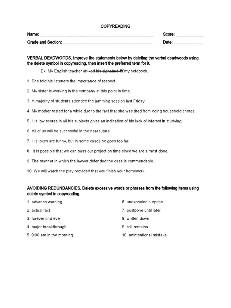 Copy Reading Exercise and Verbal Deadwood | PDF