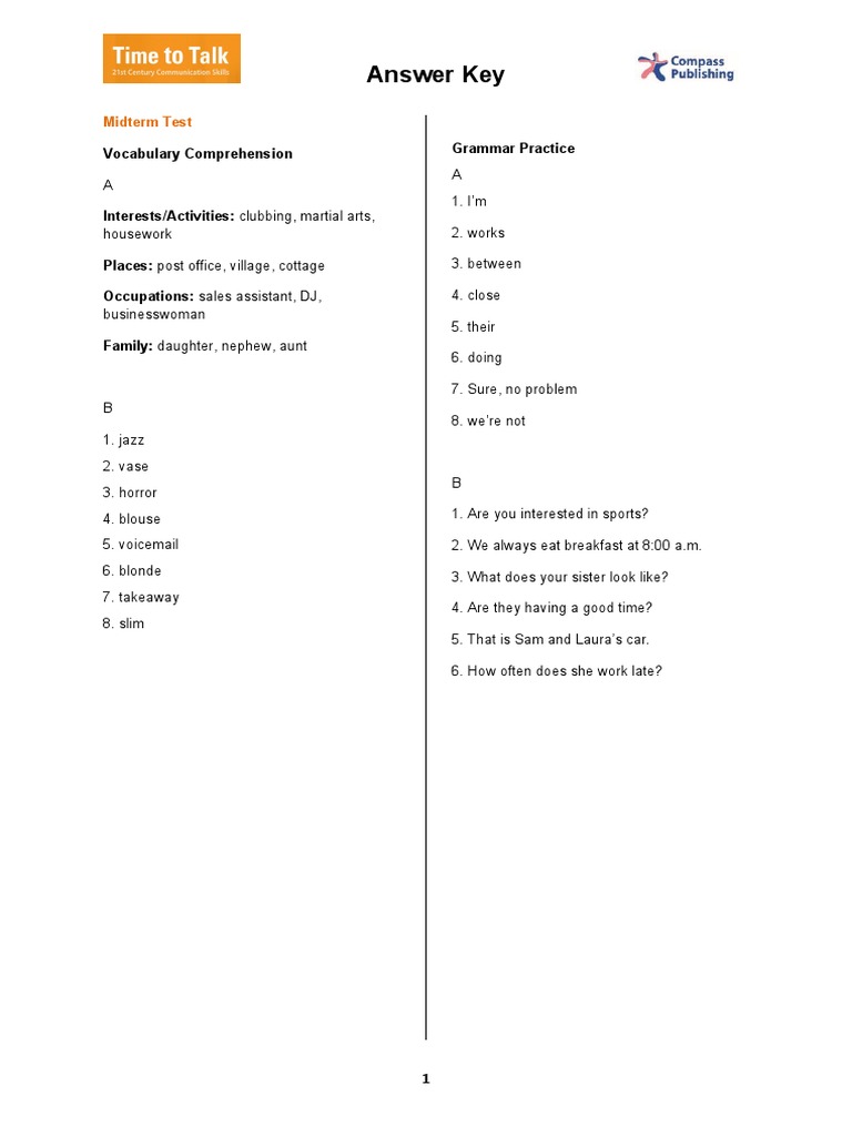 Answer Key: Vocabulary Comprehension Grammar Practice | PDF | Foods