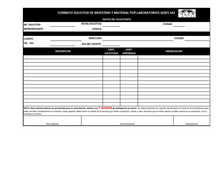 Formato de Solicitud de Muestras y Material Pop Seres PDF | PDF