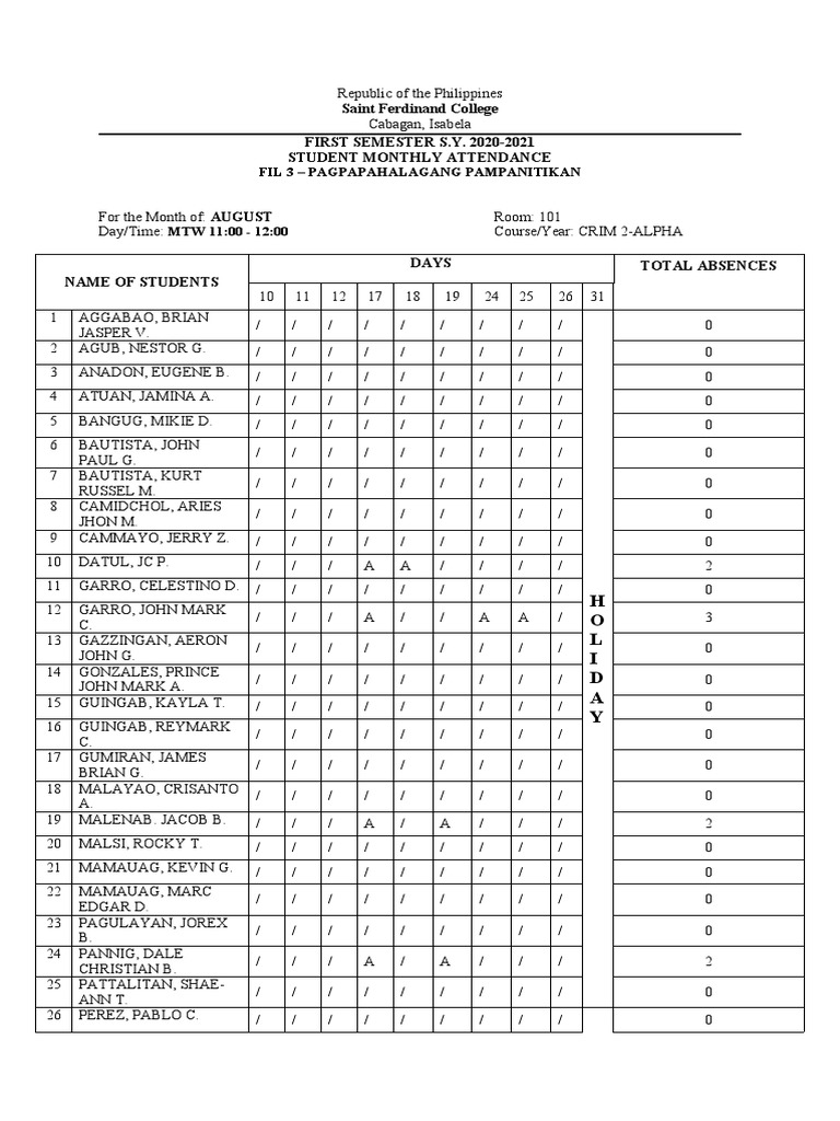 Saint Ferdinand College FIRST SEMESTER S.Y. 2020-2021 Student Monthly ...