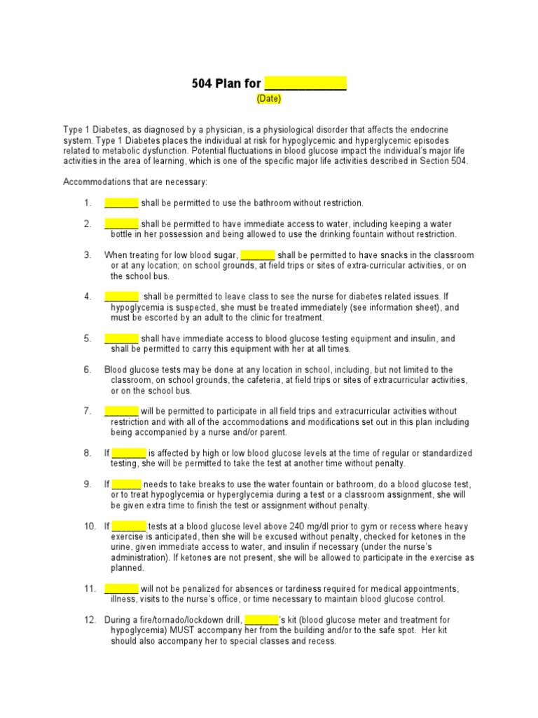 Blank 504 Plan | PDF | Hypoglycemia | Hyperglycemia