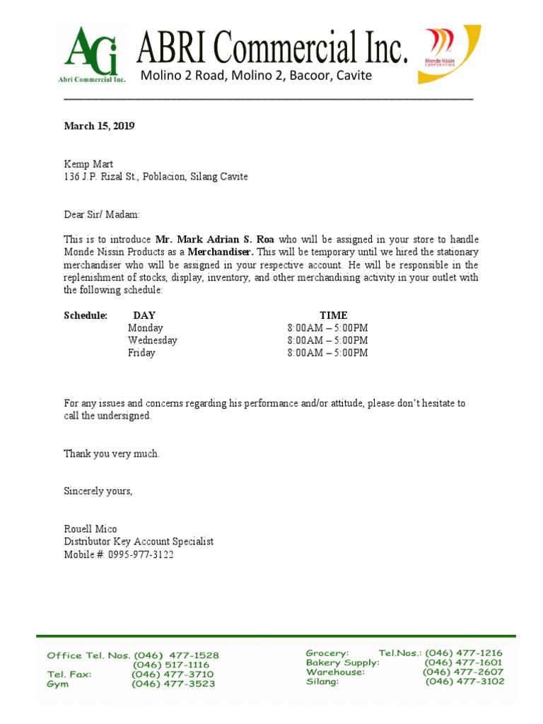 INTRO LETTER (MERCHANDISER) - Roa | PDF