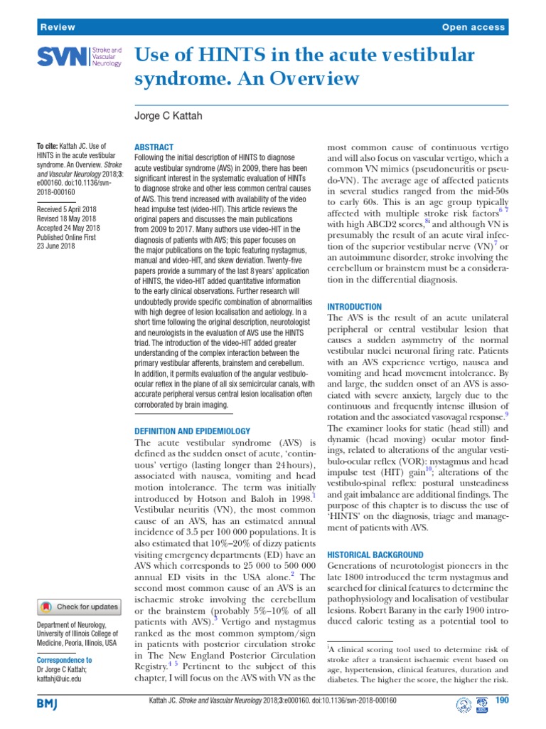 Use of HINTS in The Acute Vestibular Syndrome. An Overview: Jorge C ...