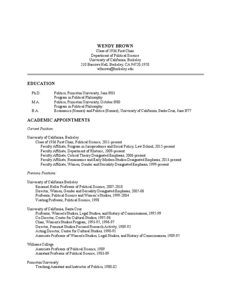 CV Wendy Brown CV.2018 - 0 | PDF | Fellow | Women's Studies