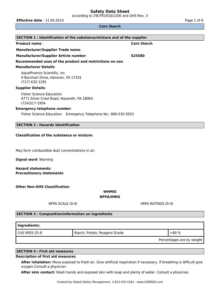 S25580 MSDS Corn Starch Fisherchi | PDF | Toxicity | Hazardous Waste