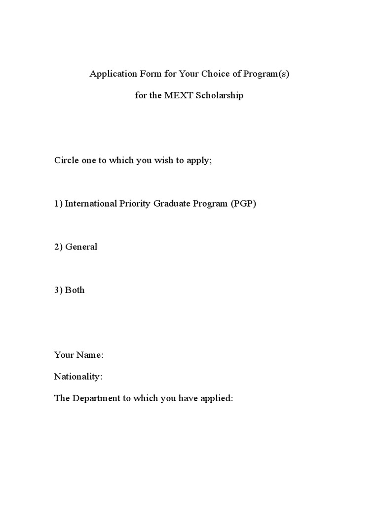 Application Form For Your Choice of Program(s) For The MEXT Scholarship ...