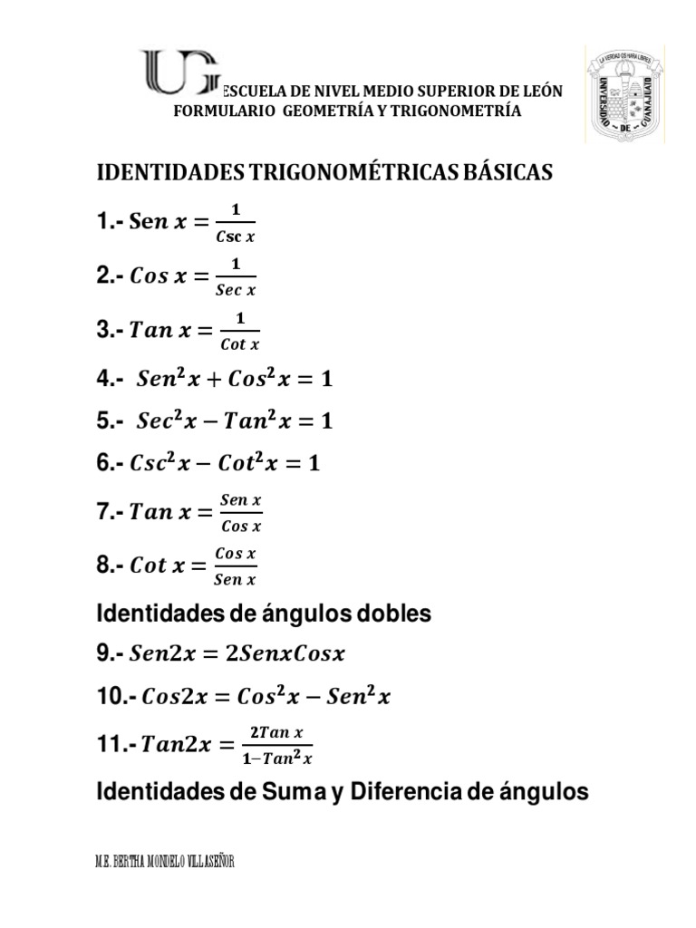 Formulario Identidades Trigonométricas | PDF