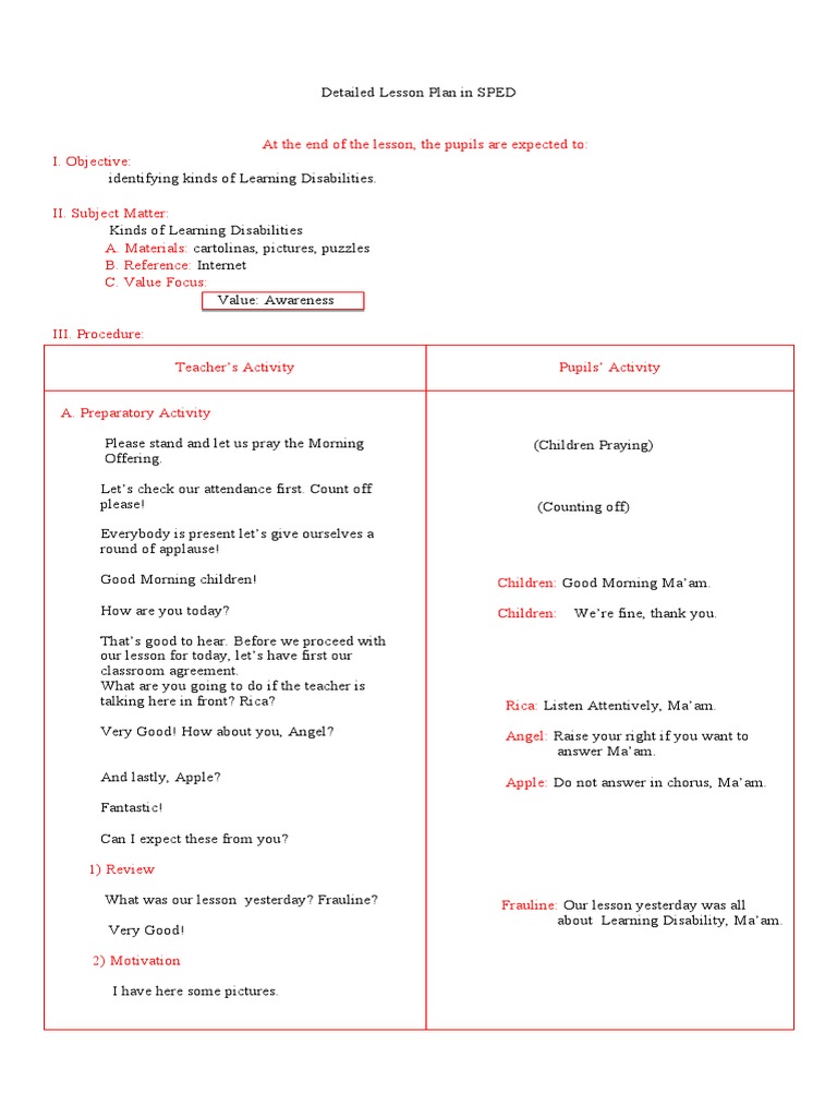 SPED Lesson Plan: Learning Disabilities | PDF | Dyslexia | Pedagogy