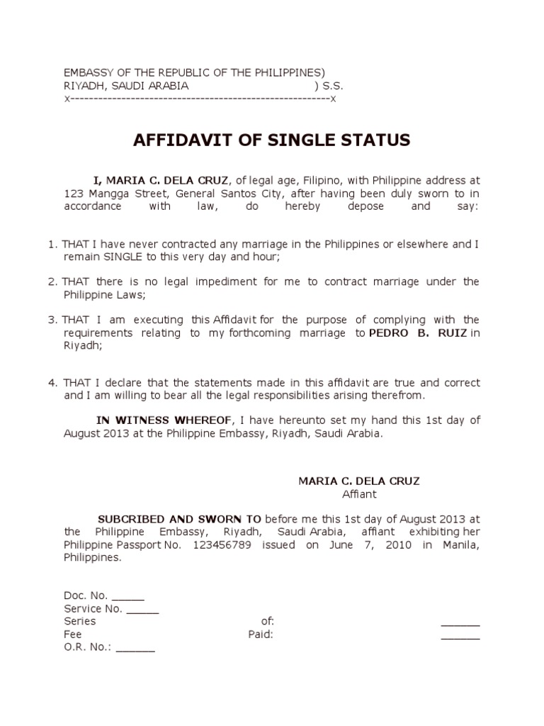 Affidavit of Single Status: I, MARIA C. DELA CRUZ, of Legal Age ...