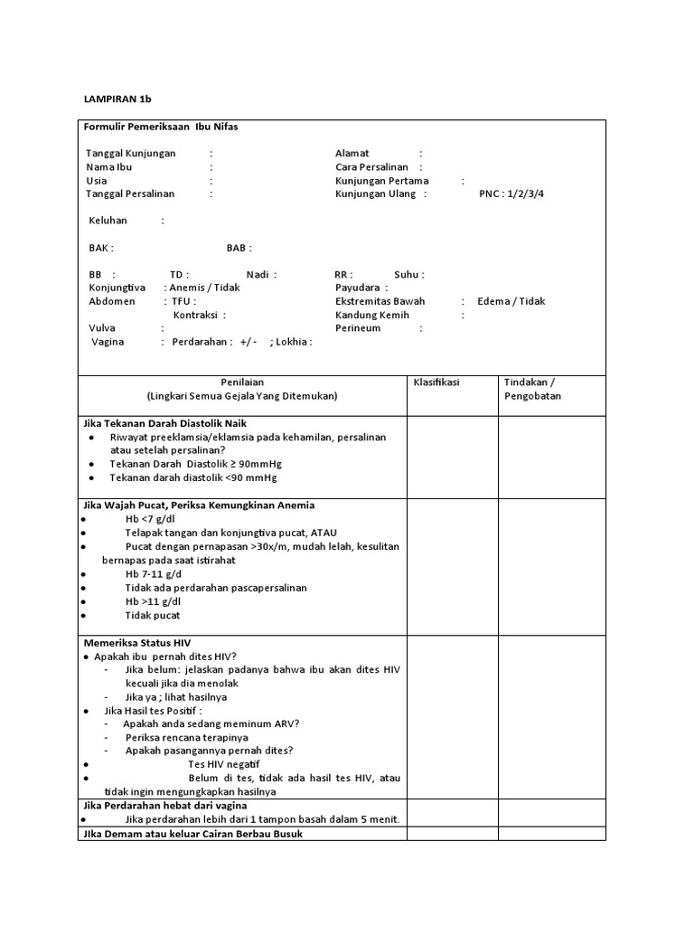 Formulir Pemeriksaan Pelayanan Pasca Persalinan Pada Ibu Nifas ...