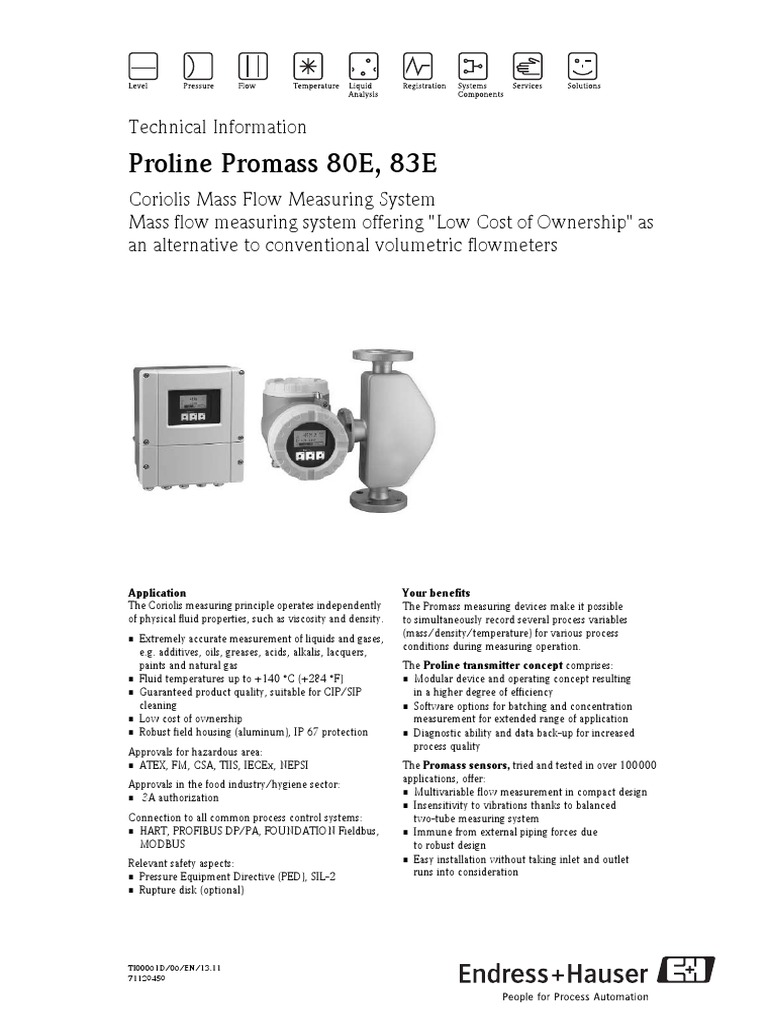 Promass 80E - TI00061DEN | PDF | Flow Measurement | Analog To Digital ...