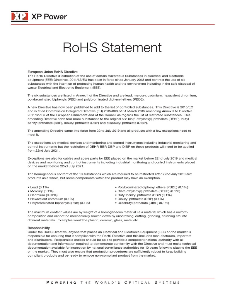 RoHS Statement | PDF | Occupational Safety And Health | Chemicals