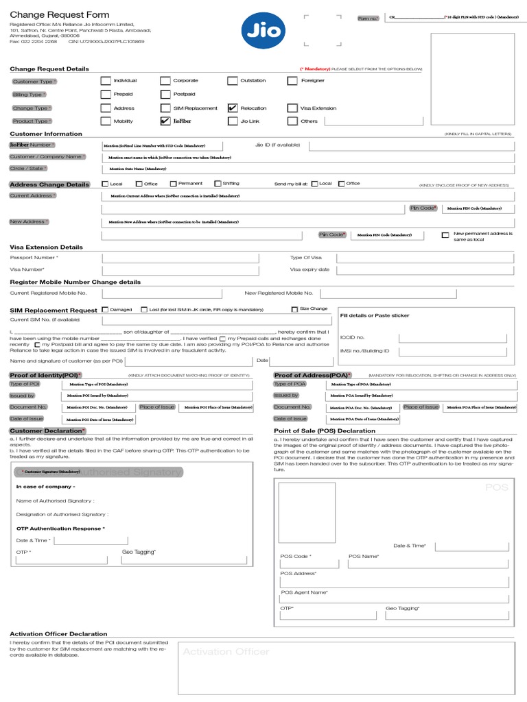 Change Request Form: Customer / Authorised Signatory POS | PDF ...