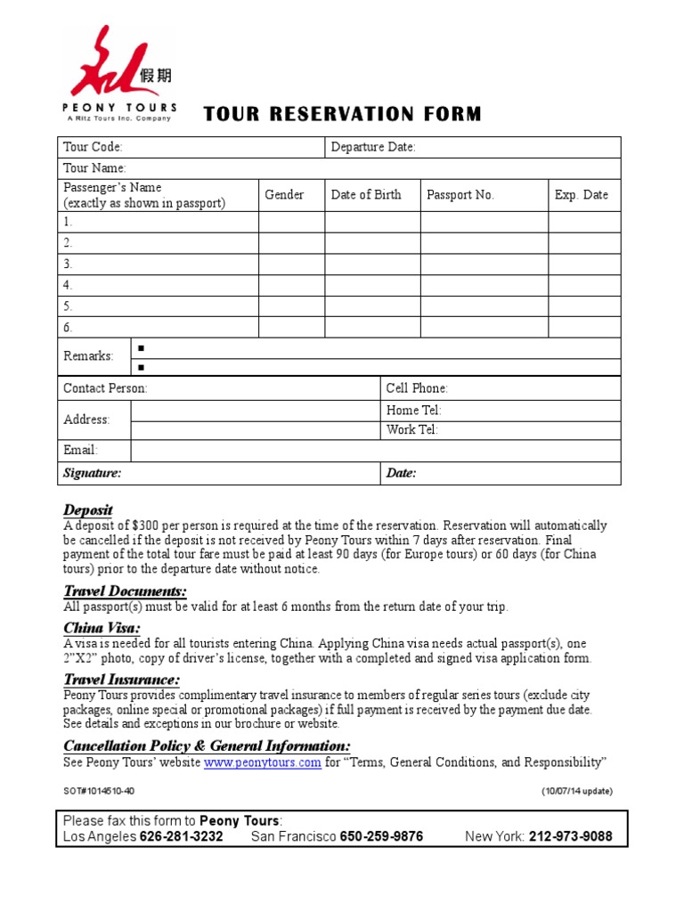 Printable Tour Reservation Form | PDF
