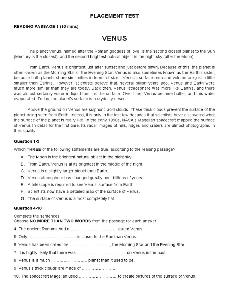 Placement Test: Reading Comprehension and English Language Skills ...