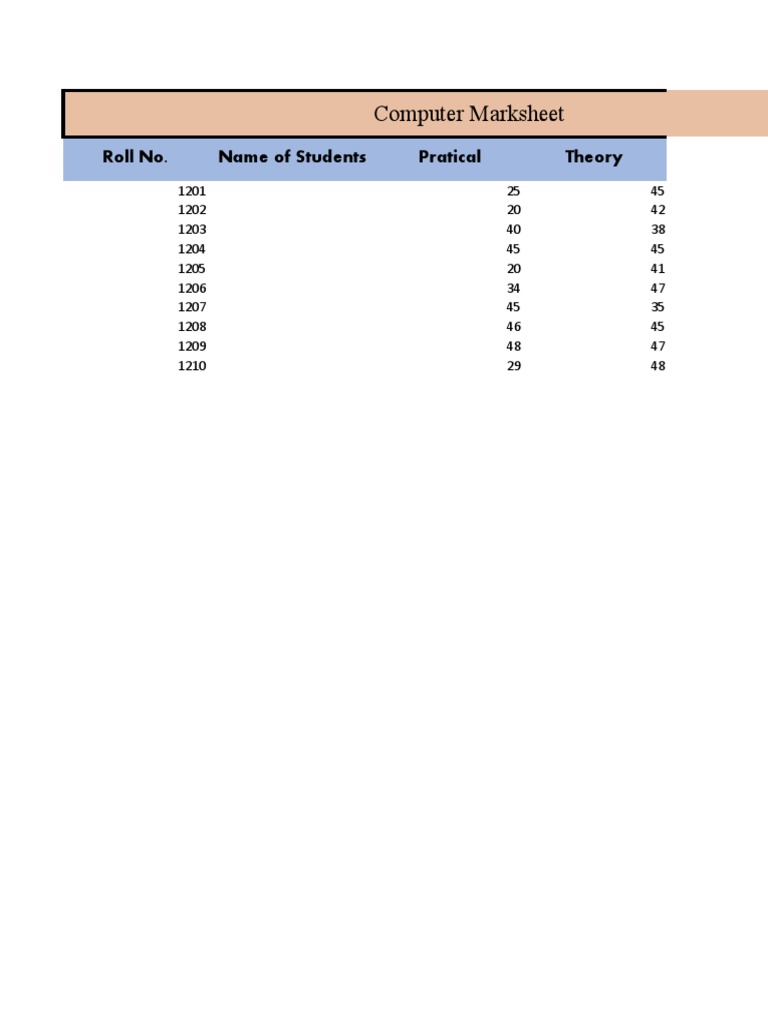 Computer Marksheet: Roll No. Name of Students Pratical Theory | PDF